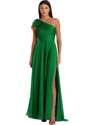 Mac Duggal Sleeveless One Shoulder Pleated Gown - Green
