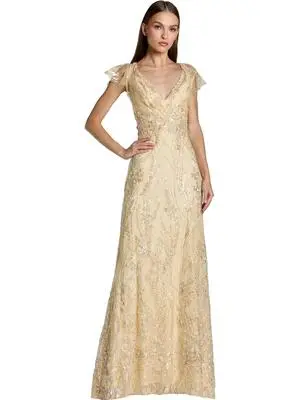 Mac Duggal Petite V-neck Flutter Sleeve Floral Embroidered Gown - Gold