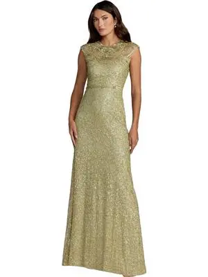 Mac Duggal Embellished High Neck Cap Sleeve Gown - Fern