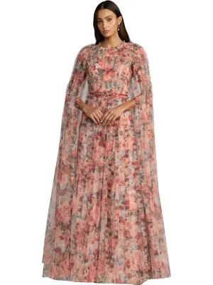Mac Duggal Floral Sequin Embellished Cape Sleeve Gown - Cream Multi