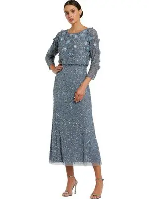 Mac Duggal Embellished Floral Midi Dress With 3/4 Sleeves - Slate Blue