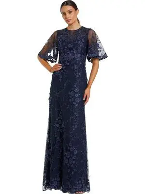 Mac Duggal Petite Flutter Sleeve Floral Embroidered Net Gown - Navy