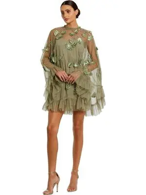 Mac Duggal Embellished Long Sleeve Trapeze Dress With Ruffle Hem - Green