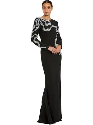 Mac Duggal Petite Jersey Evening Gown With Beaded Swirl Detail - Black