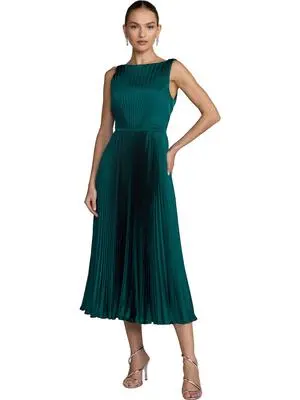 Mac Duggal Petite Teal Sleeveless High Neck Pleated Midi Dress - Green