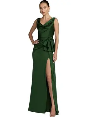 Mac Duggal Green Draped Cowl Neck Gown With Side Slit - Emerald
