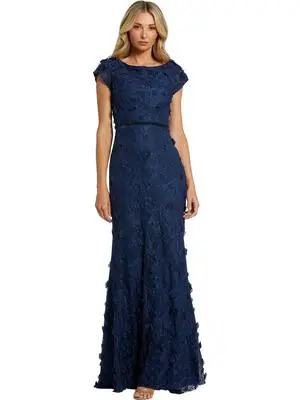Mac Duggal Mac Duggal Petite Floral Applique Boat Neck Cap Sleeve Gown Navy