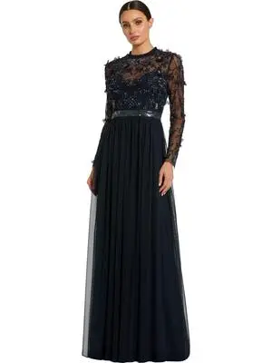 MAC DUGGAL Embellished Illusion High Neck Long Sleeve Gown