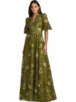 Mac Duggal Queen Anne Puff Sleeve Embroidered Gown - Green