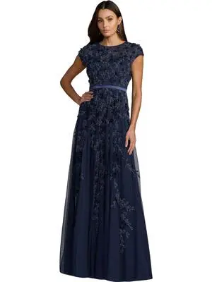 Mac Duggal Embellished Cap Sleeve Gown - Navy