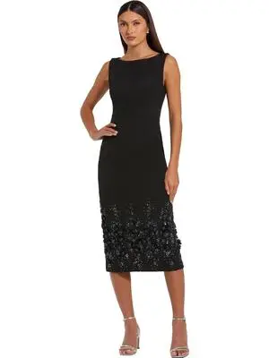Mac Duggal Sleeveless Boatneck Midi Dress With Floral Beading And Slit - Black