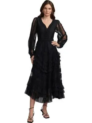 Mac Duggal Long Sleeve V-neck Micro Ruffle Midi Dress - Black