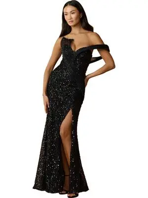 MAC DUGGAL COLLECTION Petite Embellished Strapless Gown With Sculptural Drape - Black