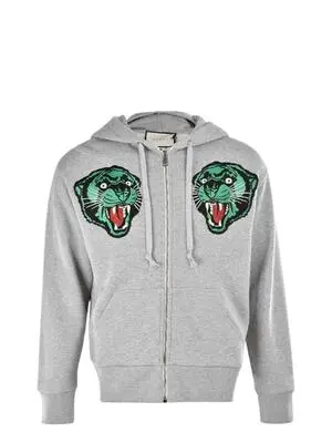 Gucci Embroidered Tiger Head Zip Hooded Sweatshrt Melange - Grey