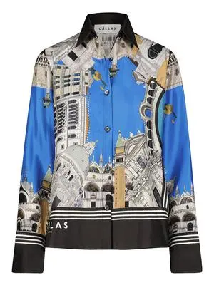 CALLAS MILANO Cameron Silk Twill Venice Print Shirt - Blue/black