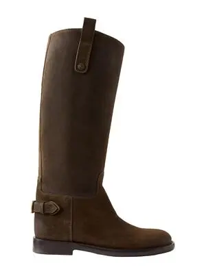 Burberry Buckled Suede Knee Boots - Brown