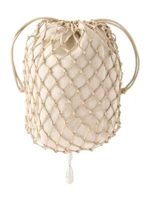 Savette Macrame Bead-embellished Leather Clutch - Beige