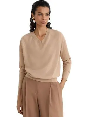 REISS Merino Wool V-neck Jumper - Camel