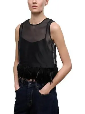 Staud Avi Feather Trim Top - Black