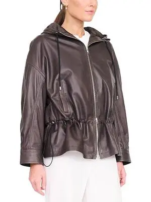 Staud Leather Hooded Jacket With Drawstring Waist - Earth