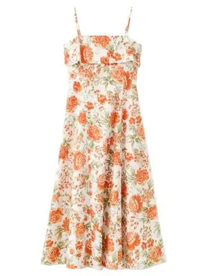 Mango Floral Print Flared Midi Dress - Orange