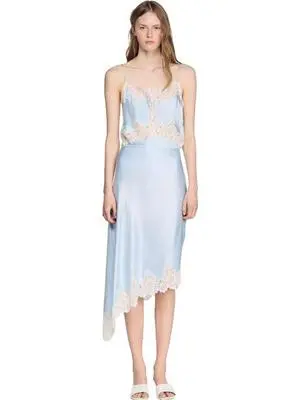 Sandro Asymmetrical Lace-trimmed Satin Skirt - Blue/ecru