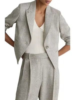REISS Ezra Herringbone Cropped Blazer - Neutral