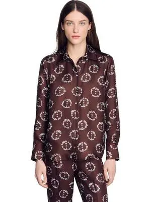 Sandro Floral Print Silk Shirt - Brown