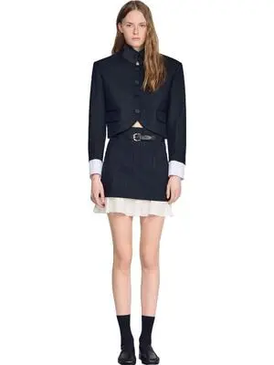 Sandro Short Striped Ruffled Skirt With Buckle Belt - Black
