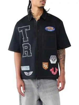 True Religion Patchwork Short Sleeve Cotton Button-up Shirt - Black