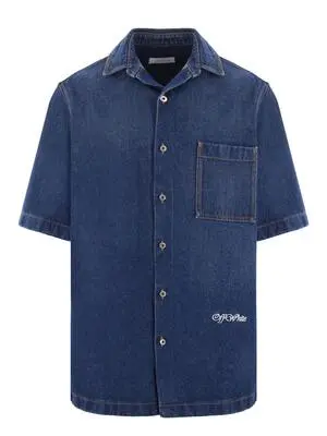 Off-White Logo Embroidered Short-sleeved Denim Shirt - Blue