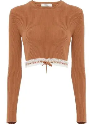 Chloé Lace-trimmed Cropped Knitted Sweater - Cognac Brown
