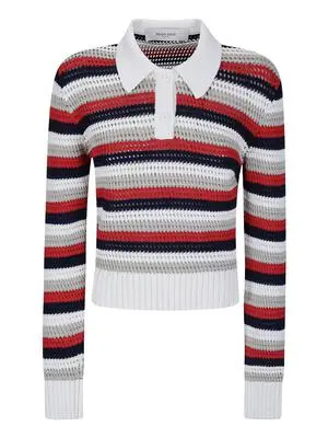 GOLDEN GOOSE Striped Crochet-knit Polo Top - Gray
