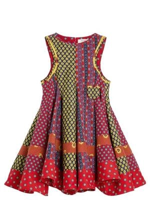Celine Patchwork Printed Silk Twill Dress - Red/blue/black