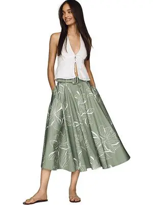 HUTCH Belted Floral Midi Skirt - Sage