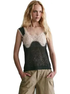 Anna Sui Lace Knit Cap Sleeve Camisole - Black