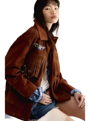 FOUND Embroidered Suede Fringe Jacket - Brown