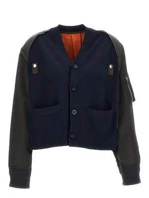 Sacai Hybrid Knit And Nylon Twill Bomber Cardigan - Blu