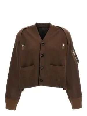 Sacai Sacai Knitted Nylon Twill Bomber Cardigan Brown