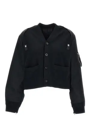 Sacai Knit And Nylon Twill Hybrid Cardigan - Nero