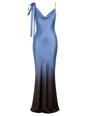 LOLAM Ombré Satin Gown With Asymmetric Shoulder Detail - Blue/brown