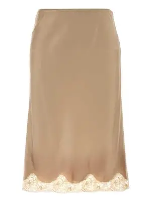 Saint Laurent Satin Midi Skirt With Lace Trim - Brown
