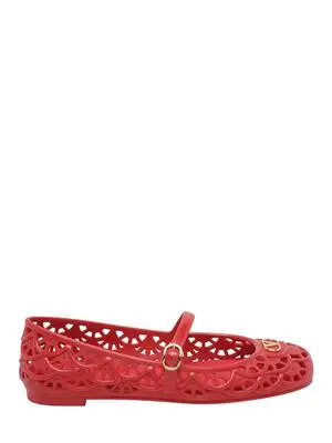 Valentino Garavani Rubber Scallops Motif Mary Jane Flats With Gold Tone Hardware - Red