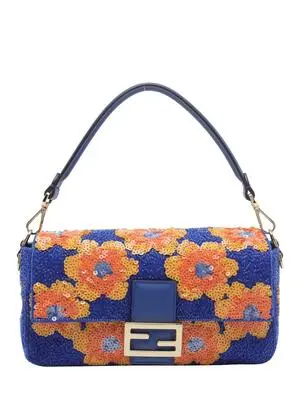 Fendi Baguette Shoulder Bag With Floral Beaded Embroidery And Sequins - Blue