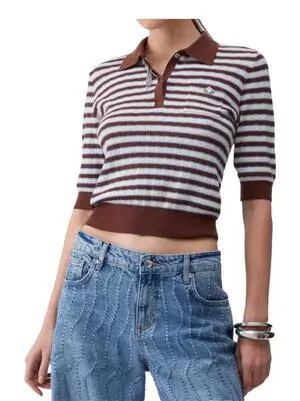 Liu Jo Striped Jeweled Polo Shirt - Brown