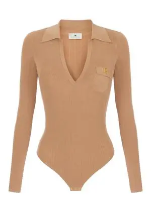 Elisabetta Franchi Knit Bodysuit With Openwork Embroideries And Polo Collar - Leather