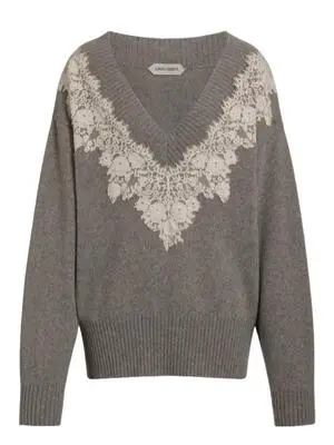 Alberta Ferretti Lace Trim V-neck Knitted Sweater - Grey