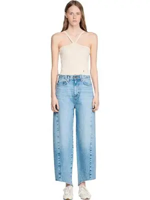 Sandro Ribbed Knit Halter Top With Logo Tab - Ecru