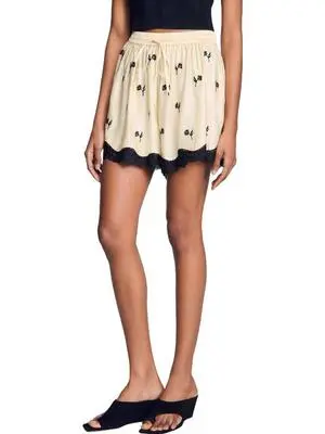 Sandro Embroidered Floral Shorts With Lace Trim - Vanilla