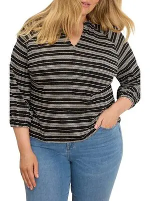 NIC+ZOE Jacquard Dot Stripe Knit Cotton Top - Black Multi